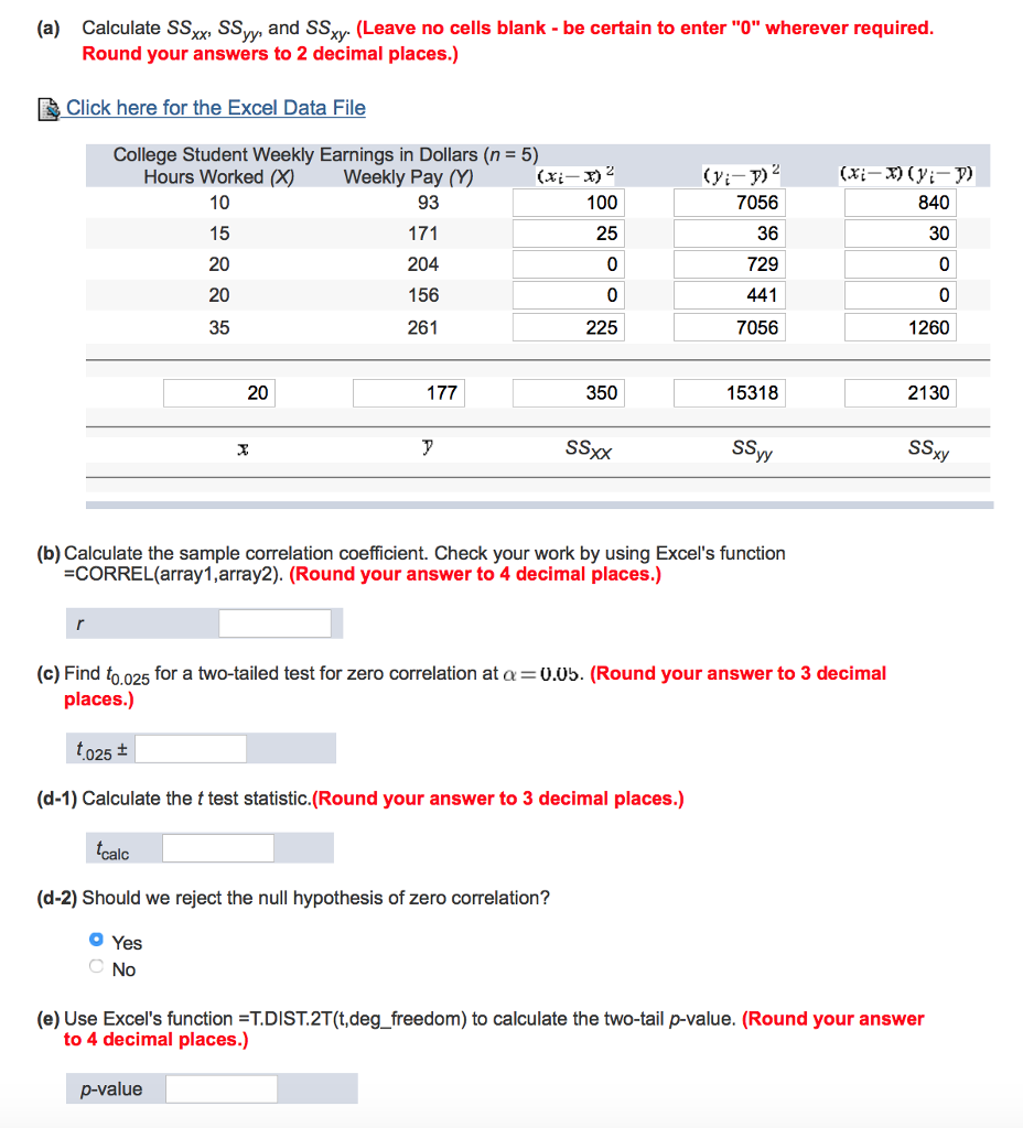Solved (a) Calculate SSxx. SSyy, and SSy (Leave no cells | Chegg.com