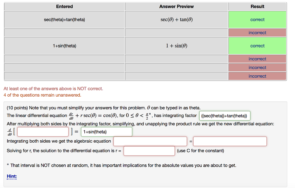 Solved Entered Answer Preview Result sec(theta)+tan(theta) | Chegg.com