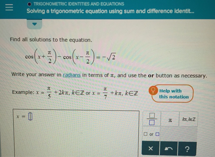 Solved Find all solutions to the equation. cos(x + pi/2)- | Chegg.com