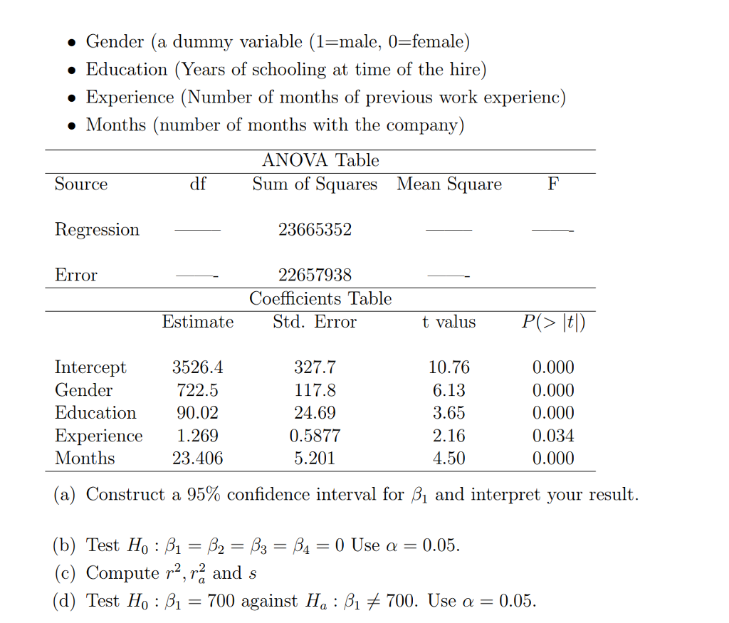 Solved The following table shows the regression output of a | Chegg.com