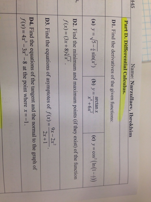 Solved Find the derivatives of the given functions. D2. | Chegg.com