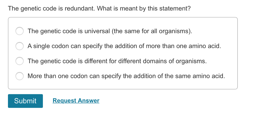 Solved The genetic code is redundant. What is meant by this | Chegg.com