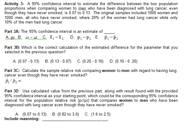 Solved Activity 3: A 95% confidence interval to estimate the | Chegg.com