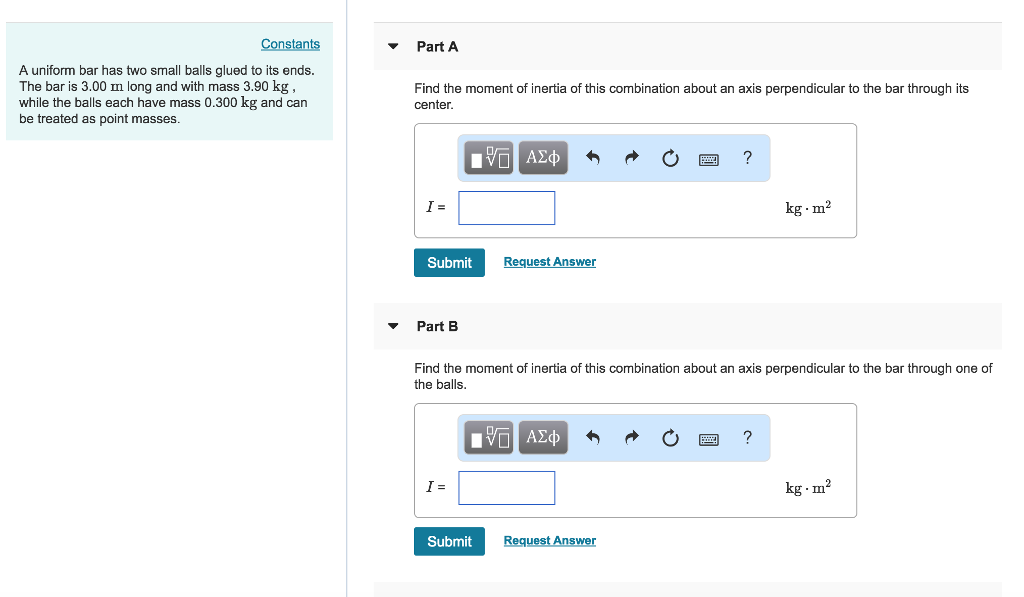 Solved Constants Part A A uniform bar has two small balls | Chegg.com
