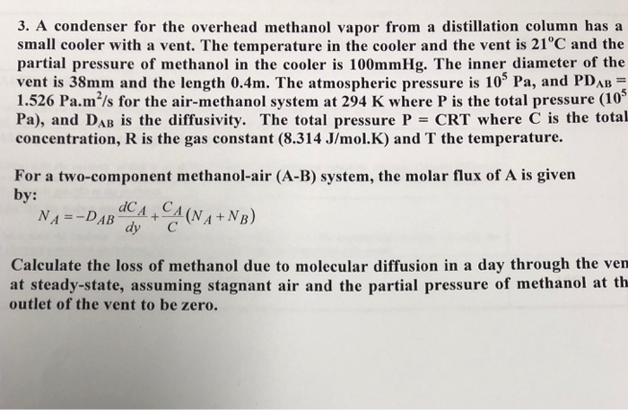 Solved 3. A condenser for the overhead methanol vapor from a | Chegg.com