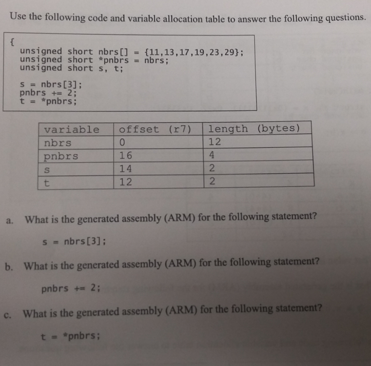 Use the following code and variable allocation table | Chegg.com