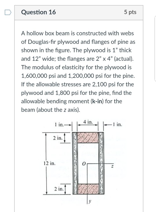 Solved Question 16 5 pts A hollow box beam is constructed | Chegg.com