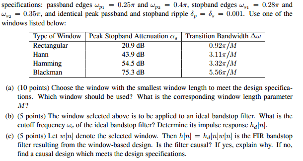 Design an FIR bandstop filter using the window-based | Chegg.com