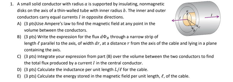 Solved A small solid conductor with radius a is supported by | Chegg.com