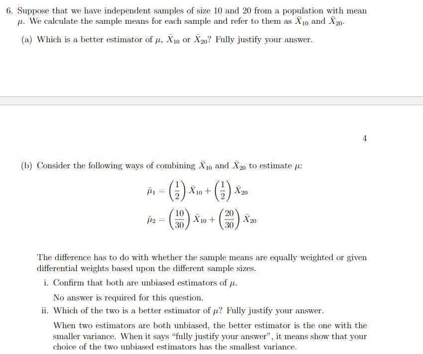 Solved 6. Suppose that we have independent samples of size | Chegg.com