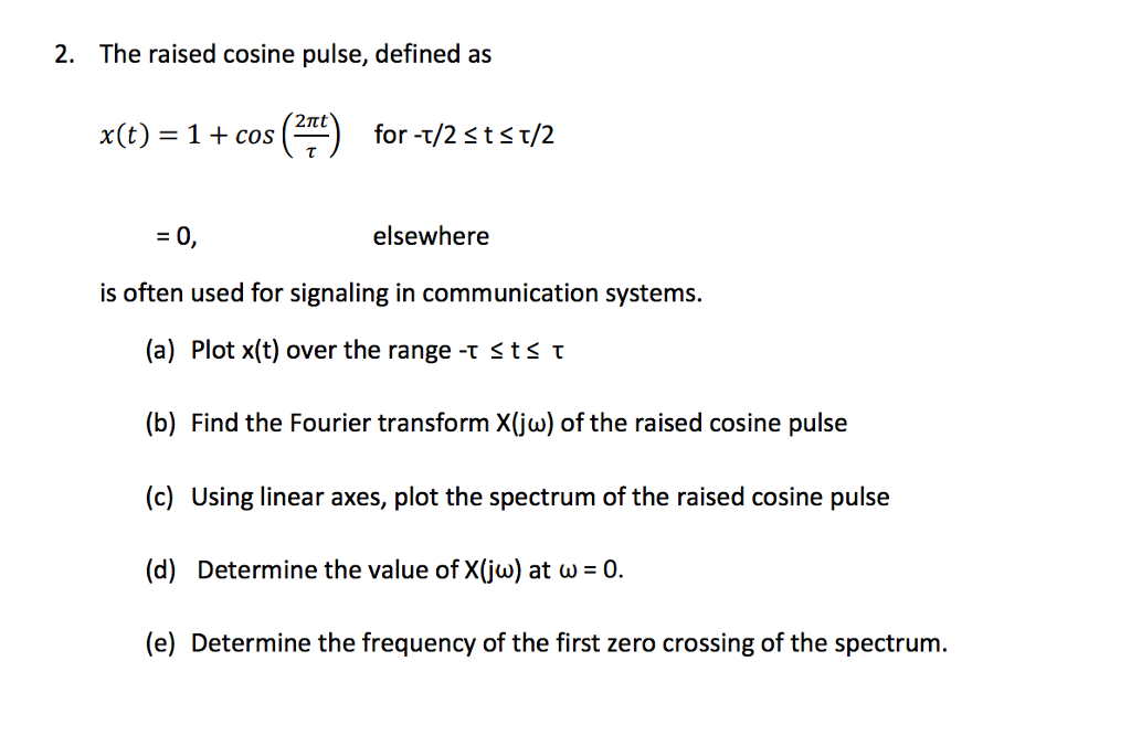 Solved The raised cosine pulse, defined as x(t) = 1 + cos | Chegg.com