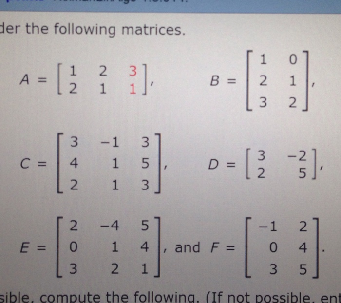 Solved der the following matrices. 1 2 3 B 2 1 3 2 3 -1 3 3 | Chegg.com