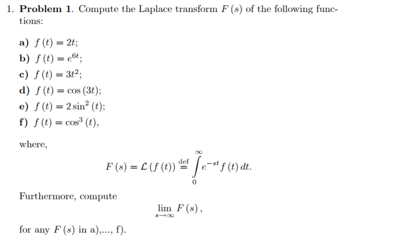 Solved 1. Problem 1. Compute the Laplace transform F (s) of | Chegg.com
