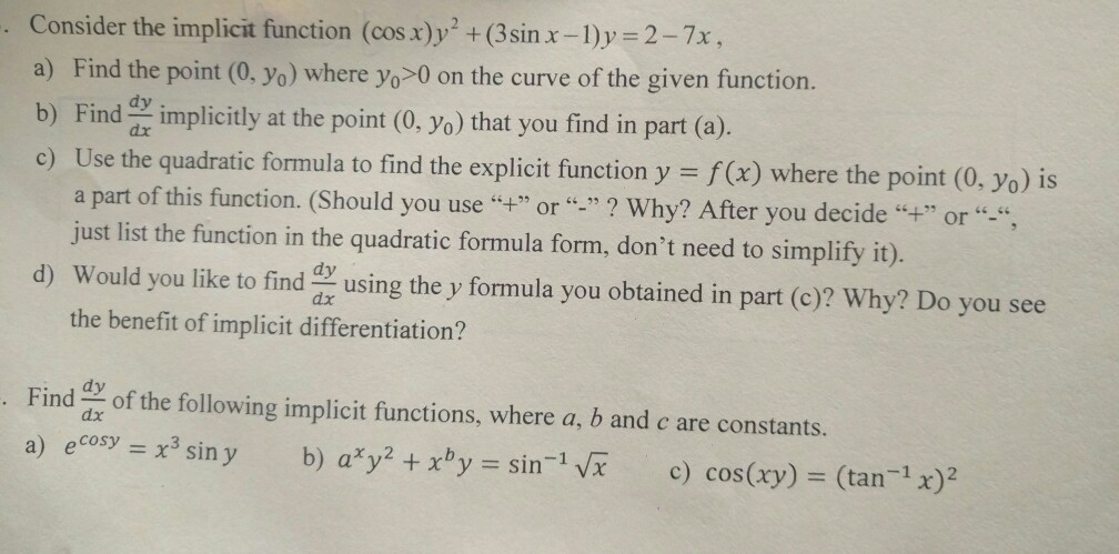 Solved Consider the implicit function (cos x)y (3 sin x-1 | Chegg.com