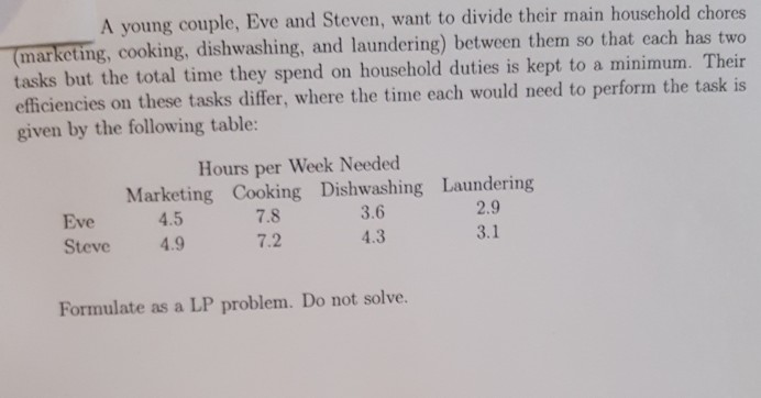 Solved A young couple, Eve and Steven, want to divide their | Chegg.com