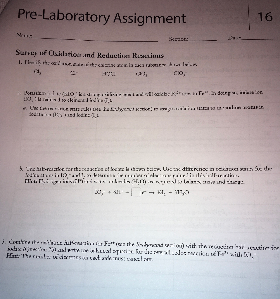 Solved Pre-Laboratory Assignment 16 Name: Section Date: | Chegg.com