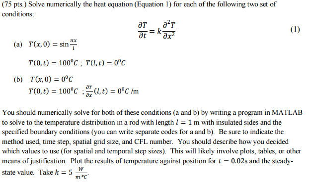 Solve numerically the heat equation (Equation 1) for | Chegg.com