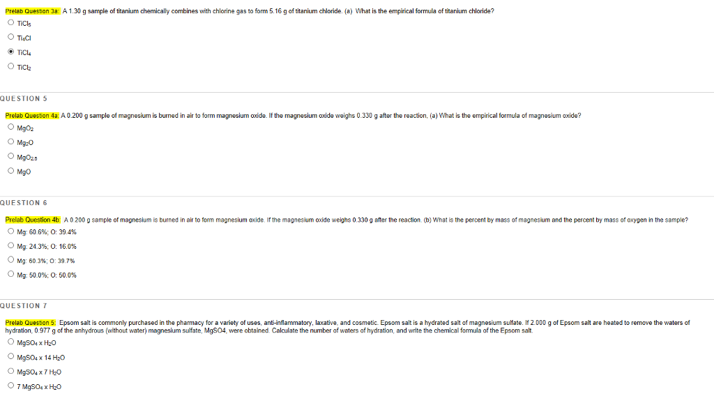 Solved Prelab Question 3a: A 1.30 g sample of titanium | Chegg.com