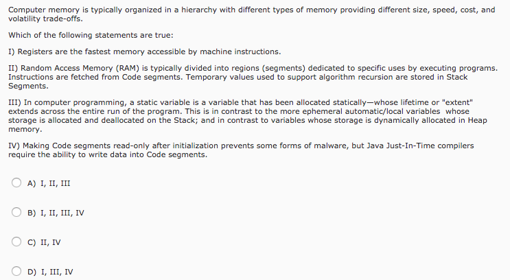 Solved Computer memory is typically organized in a hierarchy | Chegg.com