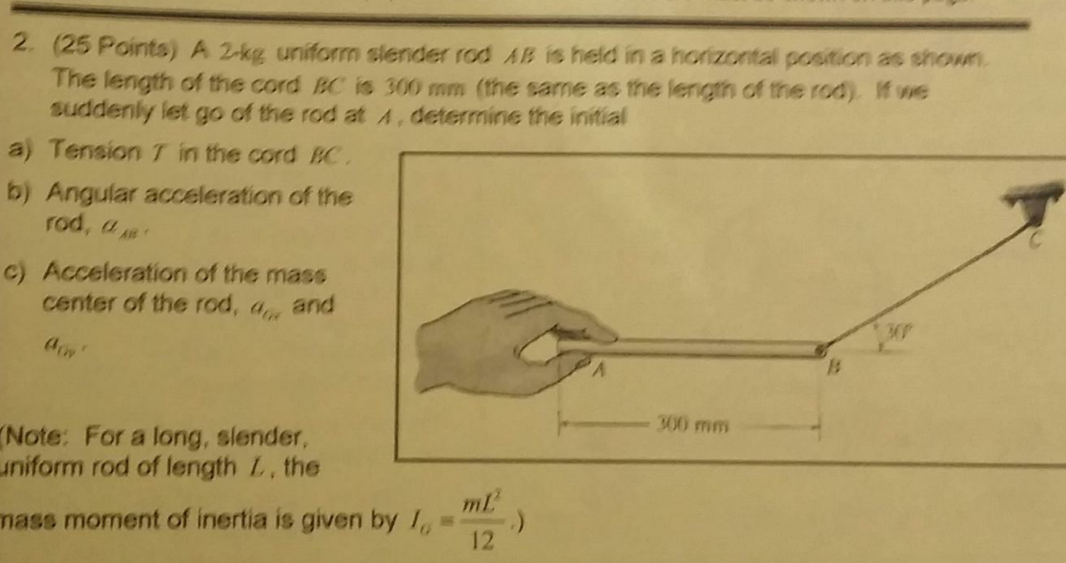 Solved A 2-kg uniform slender rod AB is held in a horizontal | Chegg.com