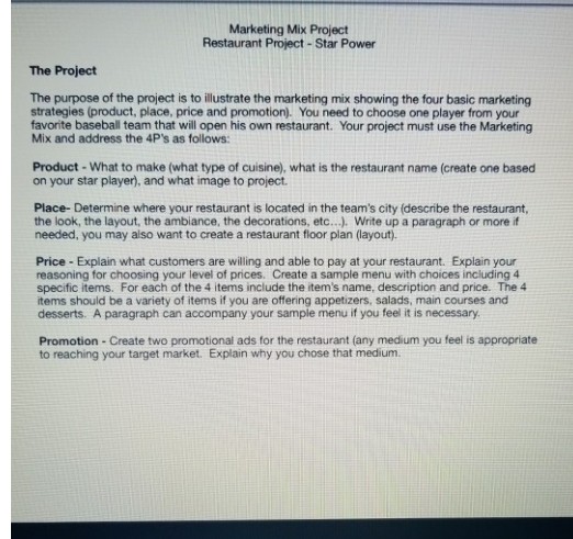 Solved Marketing Mix Project Restaurant Project-Star Power | Chegg.com