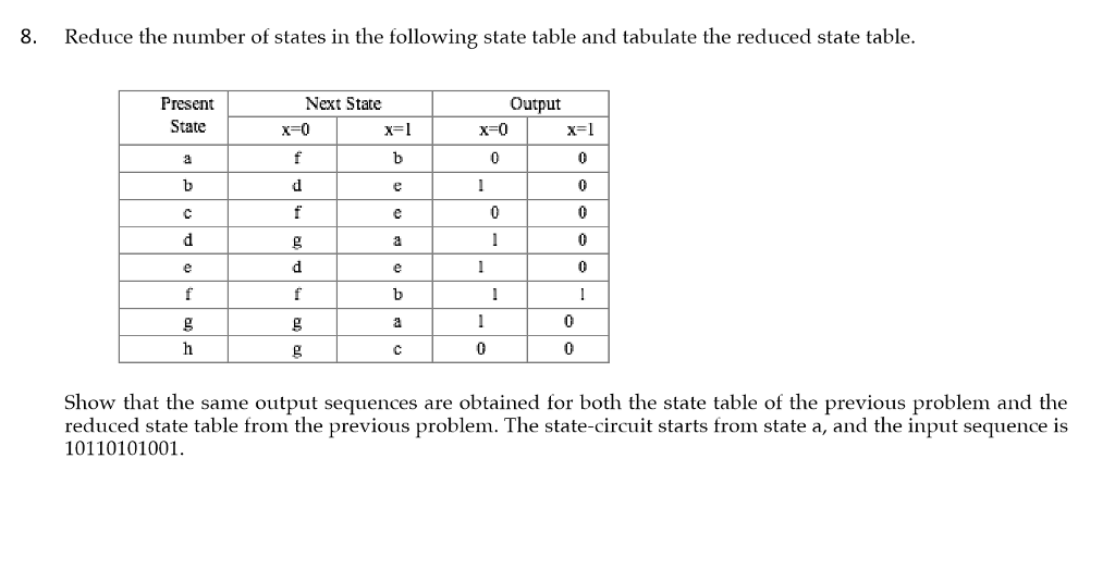 Solved 8. Reduce the number of states in the following state | Chegg.com Solved 8. Reduce the number of states in the following state | Chegg.com