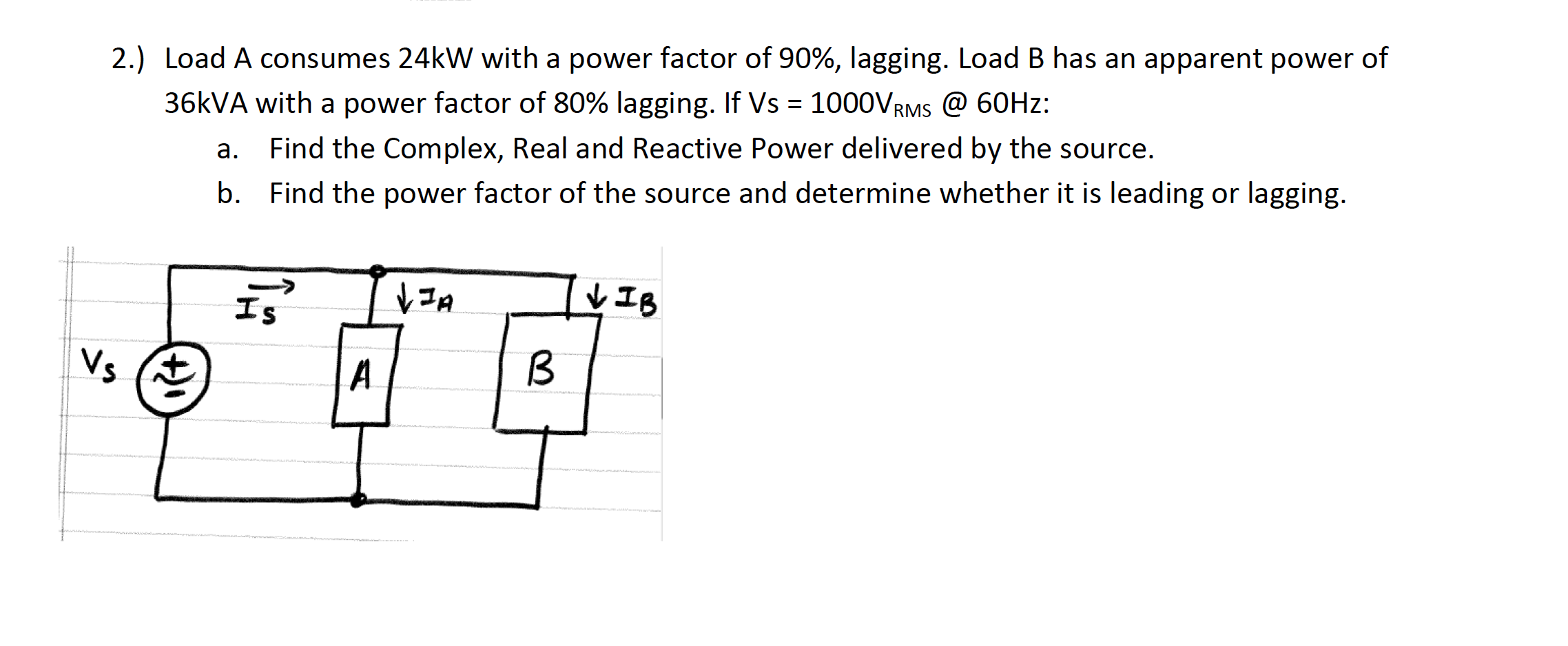 2.) Load A consumes 24kWwith a power factor of 90%, | Chegg.com