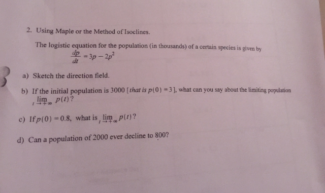 Solved Using Maple or the Method of Isoclines. The logistic | Chegg.com