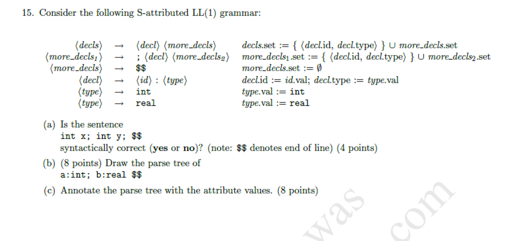 Consider the following S-attributed LL(1) grammar: | Chegg.com