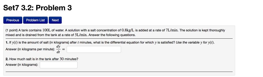 Solved A tank contains 100L of water. A solution with a salt | Chegg.com