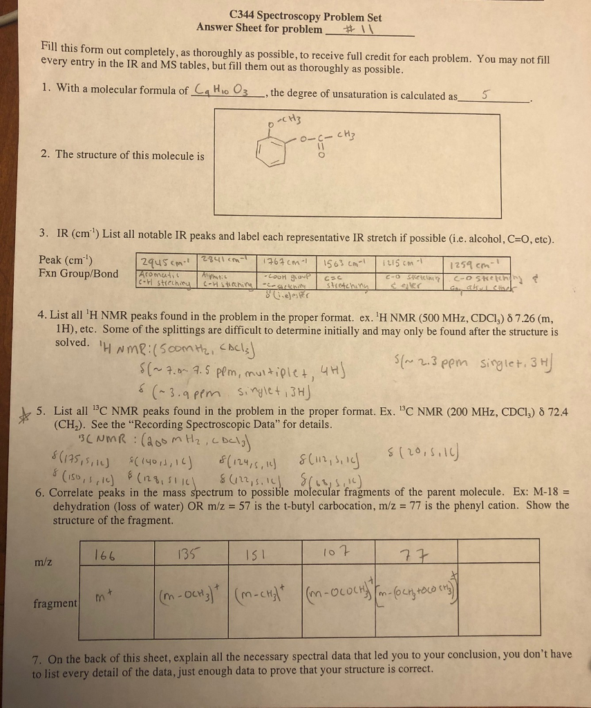 Solved C344 Spectroscopy Problem Set Answer Sheet for | Chegg.com