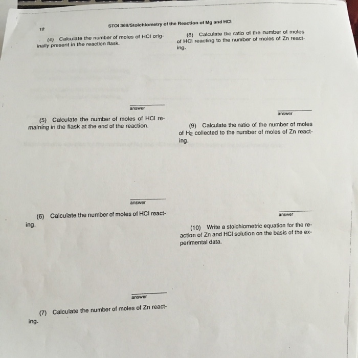 Calculate three number of moles of HCl originally | Chegg.com