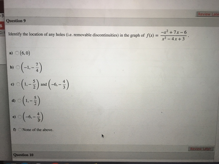 Solved Question 9 Identify the location of any holes | Chegg.com