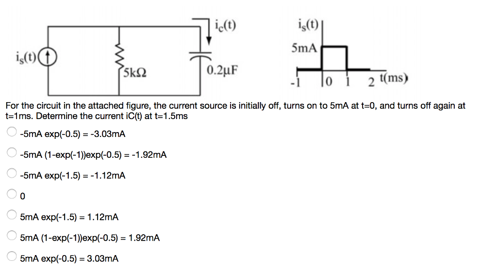 Solved ic(t) is(t) 5mA 0.2μF 1 0 1 2 t(ms) For the circuit | Chegg.com