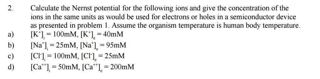 Solved Calculate the Nernst potential for the following ions | Chegg.com
