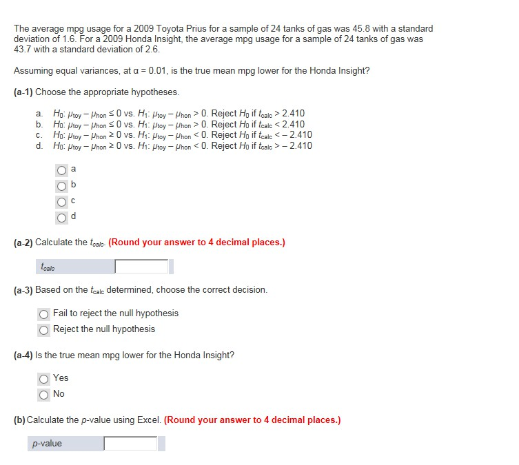 Solved The average mpg usage for a 2009 Toyota Prius for a | Chegg.com