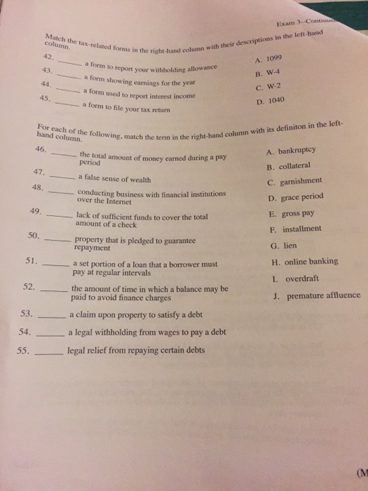 Solved Exam 3- Continv hand column with their descriptions | Chegg.com