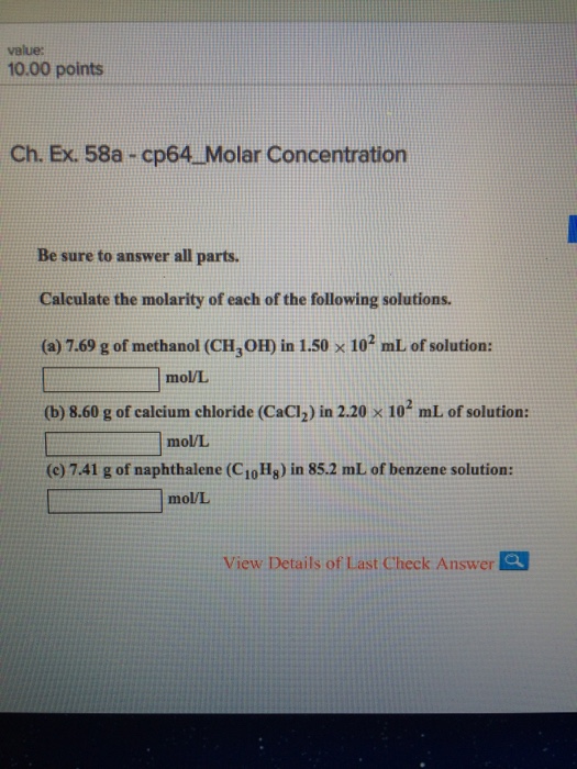 Solved Be sure to answer all parts. Calculate the molarity | Chegg.com