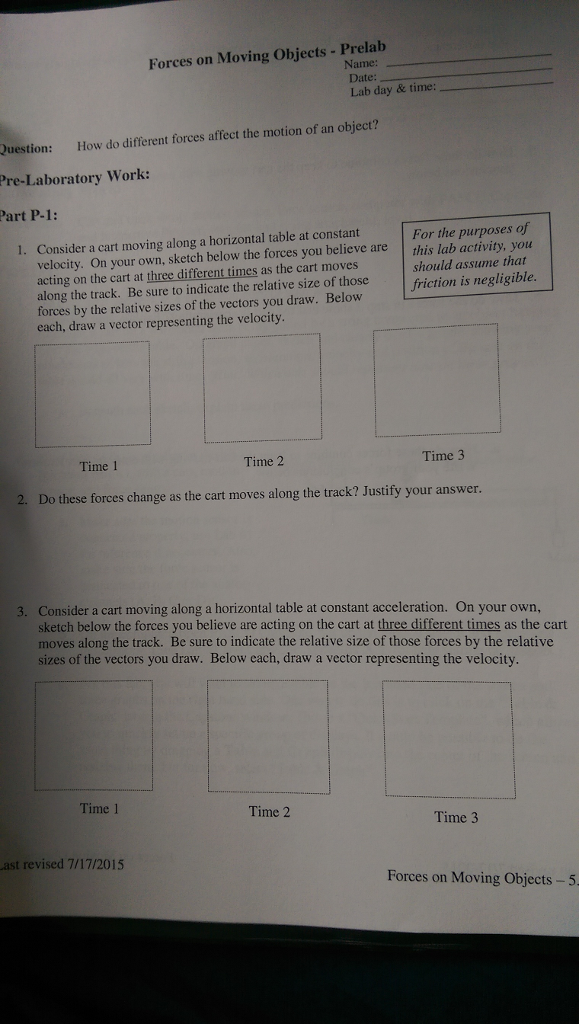 Solved Forces on Moving Objeets- Prelab Name: Date: Lab day | Chegg.com