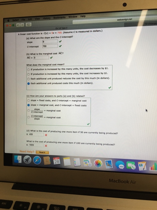 Solved A Linear Cost Function Is C X 9x 750 What Is The