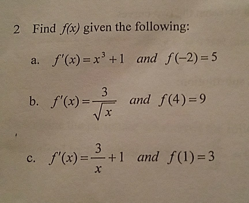 Solved 2 Find f(x) given the following: f' ,(x)=x' + 1 f(-2) | Chegg.com