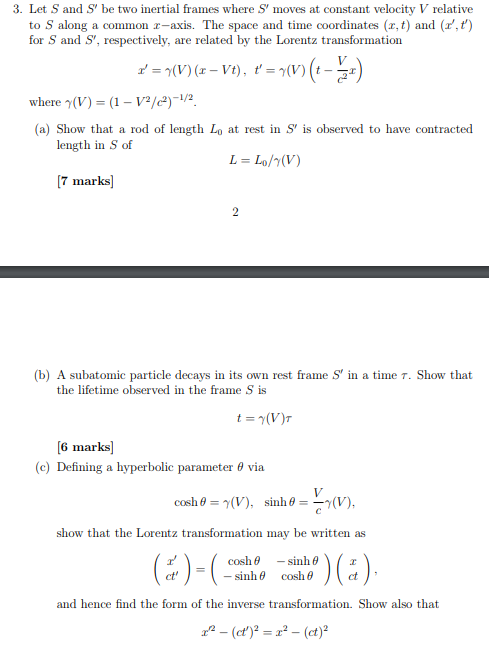 Solved 3. Let S and S be two inertial frames where S' moves | Chegg.com