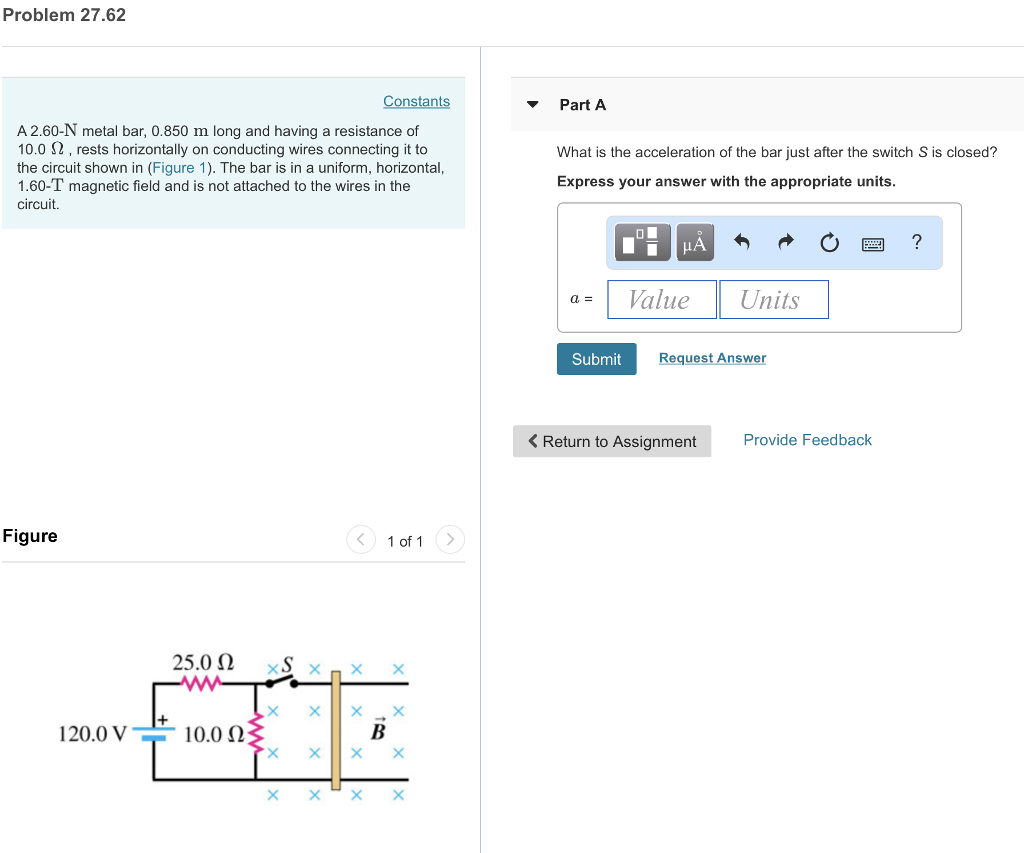 Solved Problem 27.62 Constants Part A A 2.60-N metal bar, | Chegg.com