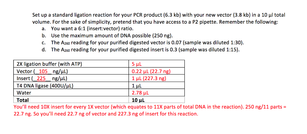 Solved Set up a standard ligation reaction for your PCR | Chegg.com
