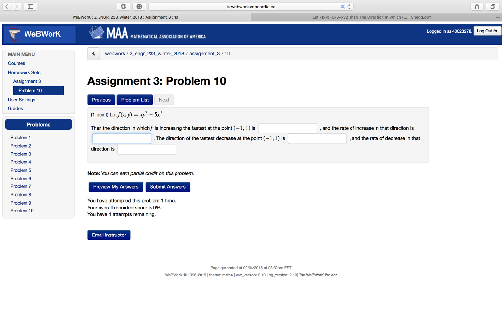 Solved webwork.concordia.ca WeBWorK: Z ENGR 233 Winter 2018 | Chegg.com