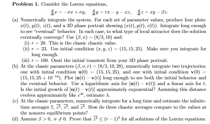 Problem 1. Consider the Lorenz equations, (a) | Chegg.com