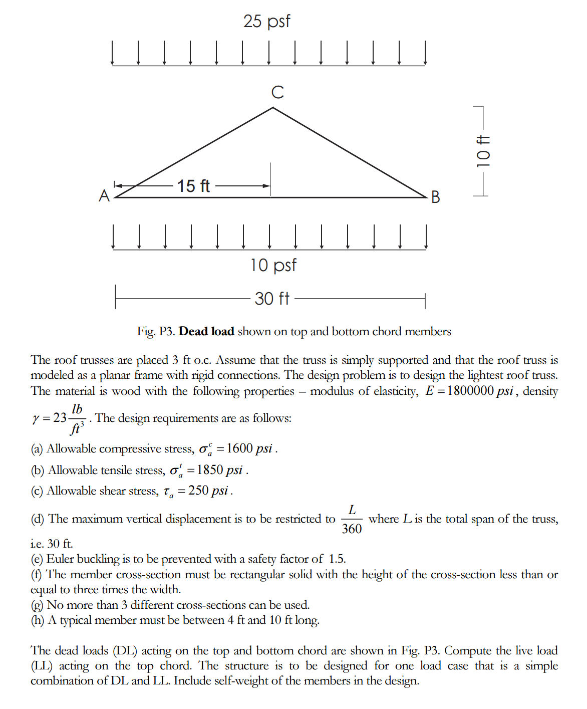 The roof trusses are placed 3 ft o. c. Assume that | Chegg.com