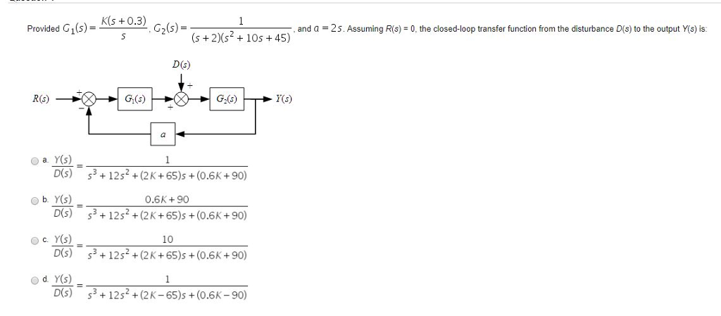 Solved K(s 0.3) Provided G1(s)- G2(s) = and a = 2 s. | Chegg.com