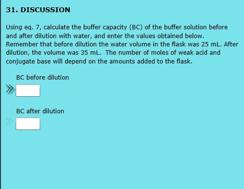 Solved 31. DISCUSSION Using eq. 7, calculate the buffer | Chegg.com