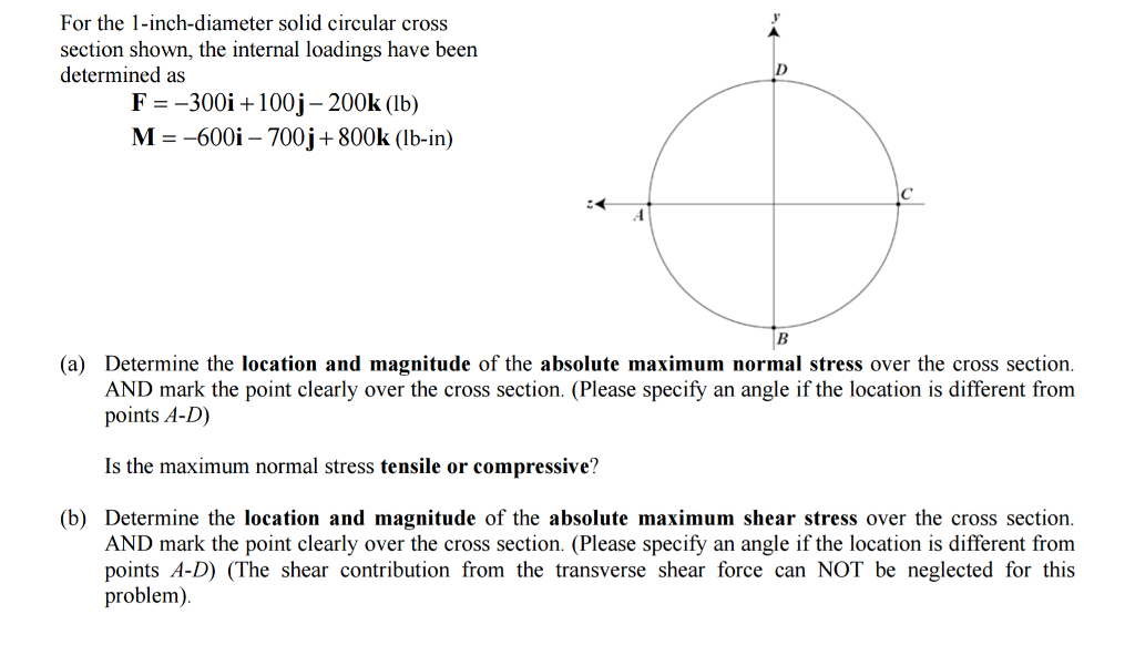 Solved For the 1-inch-diameter solid circular cross section | Chegg.com